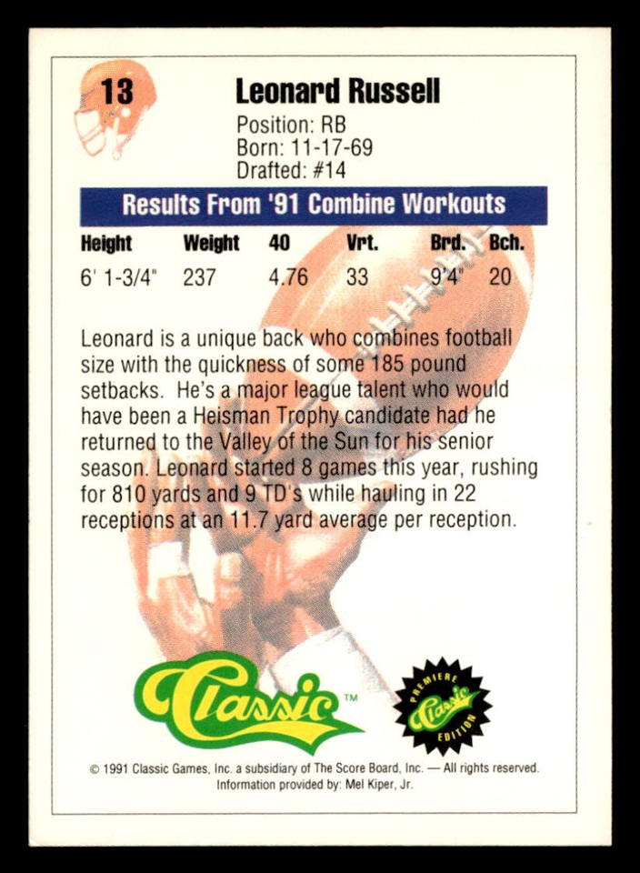 Leonard Russell 1991 Classic Card #13 Arizona State Sun Devils | eBay