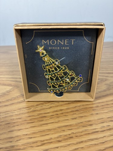 2015 MONET Christmas Tree Pin Brooch Red Green Clear NEW w/Box | eBay