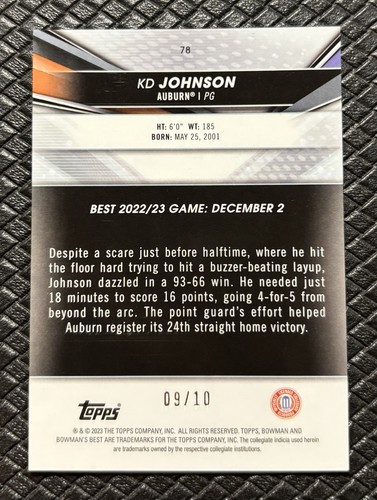 KD JOHNSON 2023 Bowman Chrome #78 Red Refractor Rookie /10 Auburn ...
