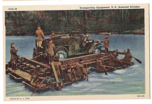 US ARMORED DIVISION Army Floating Equipment Raft Boat Postcard Linen ...