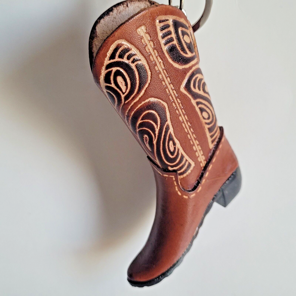 Cowboy Boot Leather Keychain Brown Handmade Ring Western Fob Key Ring ...