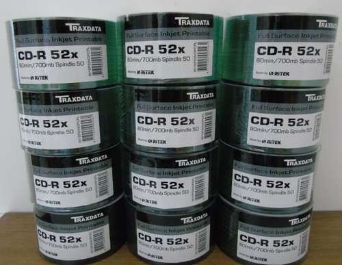 600 x Ritek Traxdata 52x Full Face White Inkjet Printable Blank CD-R ...