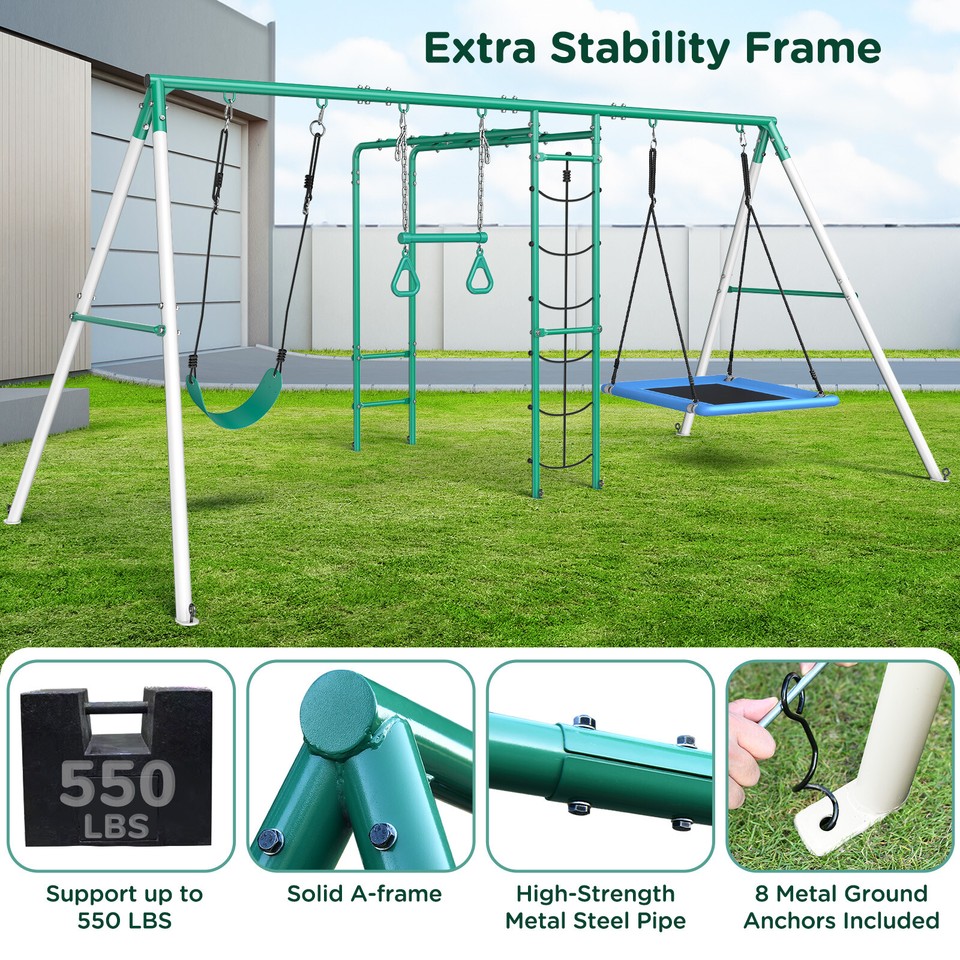 Hapfan Swing Sets for Backyard w/ Monkey Bars, 2 Swings,Climbing Net ...
