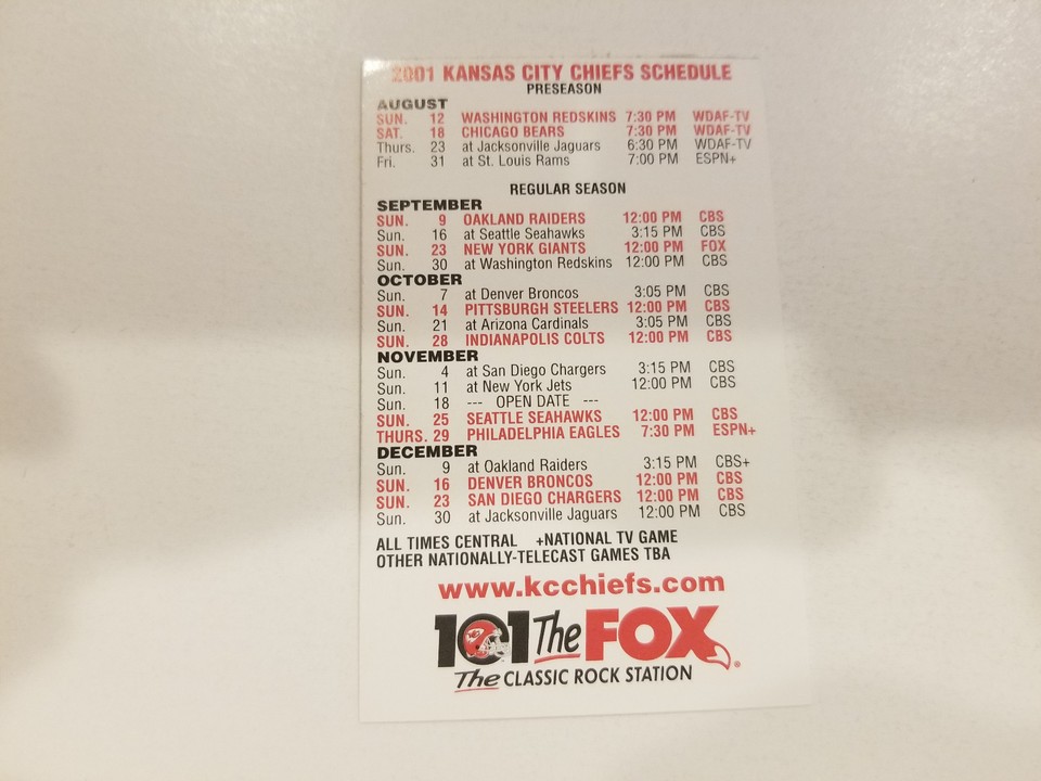 Kansas City Chiefs 2001 NFL Football Pocket Schedule - Bannister Mall ...