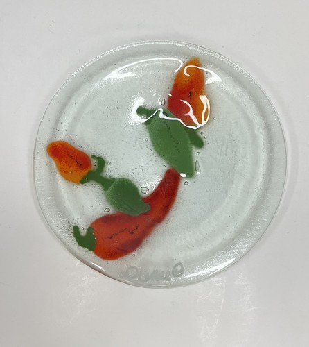 Vtg Fused Glass Chili Pepper Plate Signed DuRee Round Red Green Clear ...