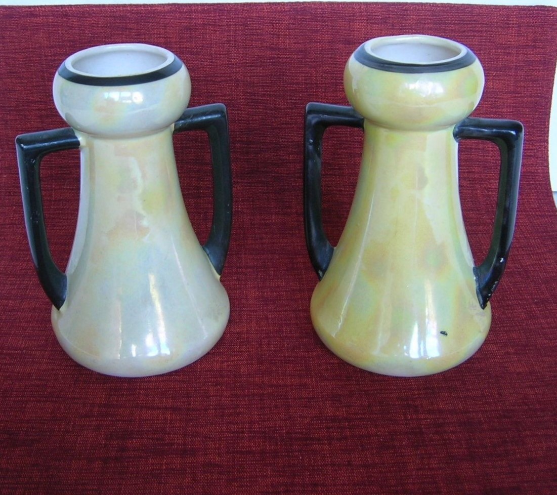 2 Yellow Lusterware Vases,Black Handles Vintage Made in Czechoslovakia ...