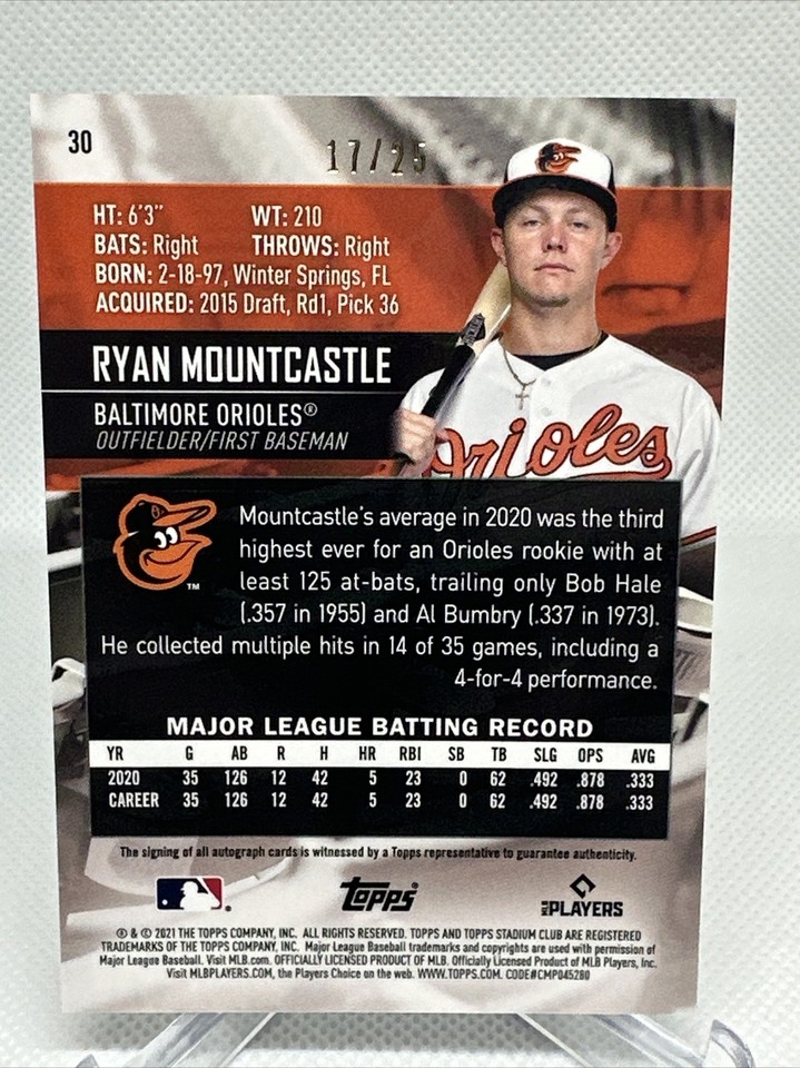 2021 Topps Stadium Club Base Chrome Auto /25 Ryan Mountcastle #30 ...