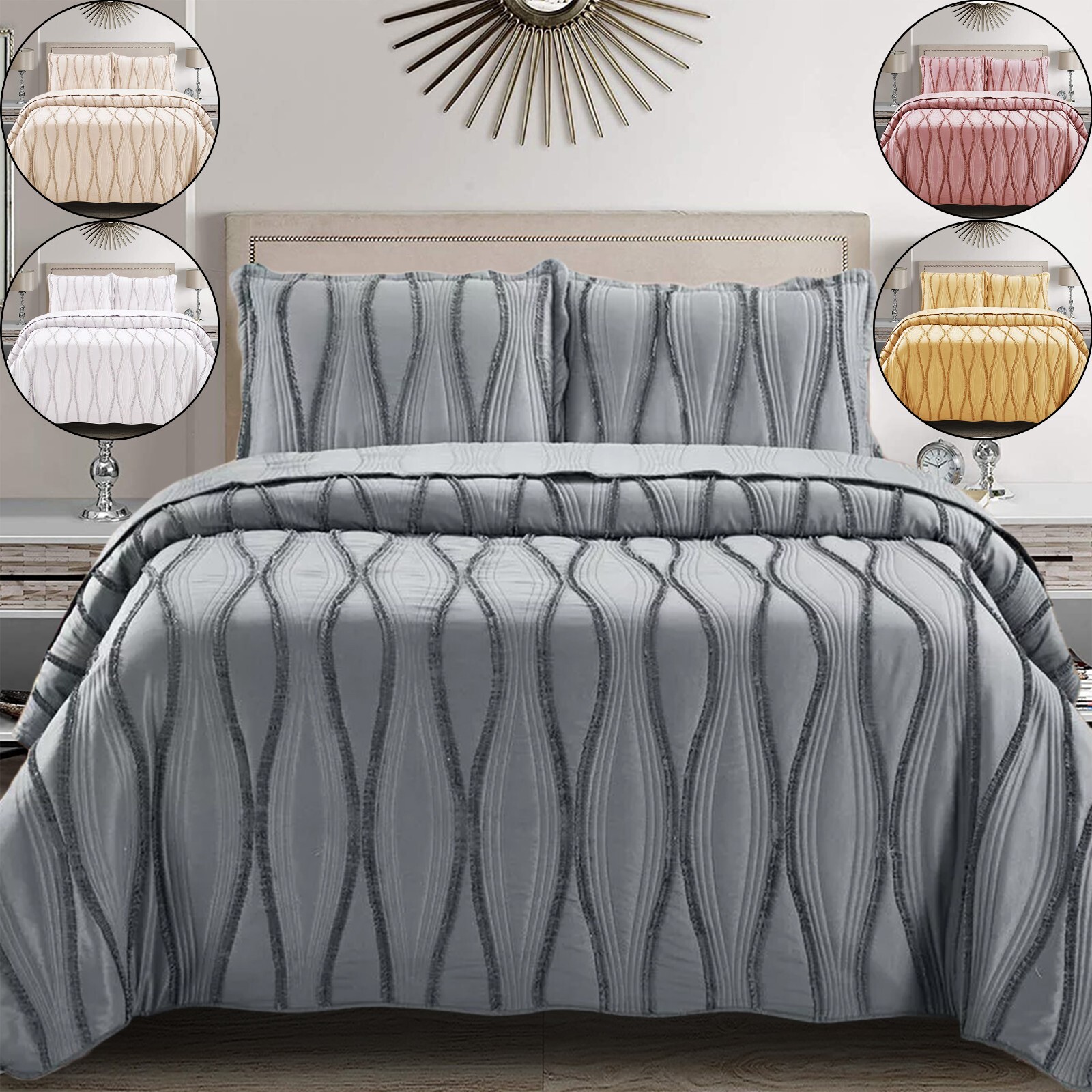 3 Piece Quilted Bedspread Embossed Bedding Set Single Double King Size ...