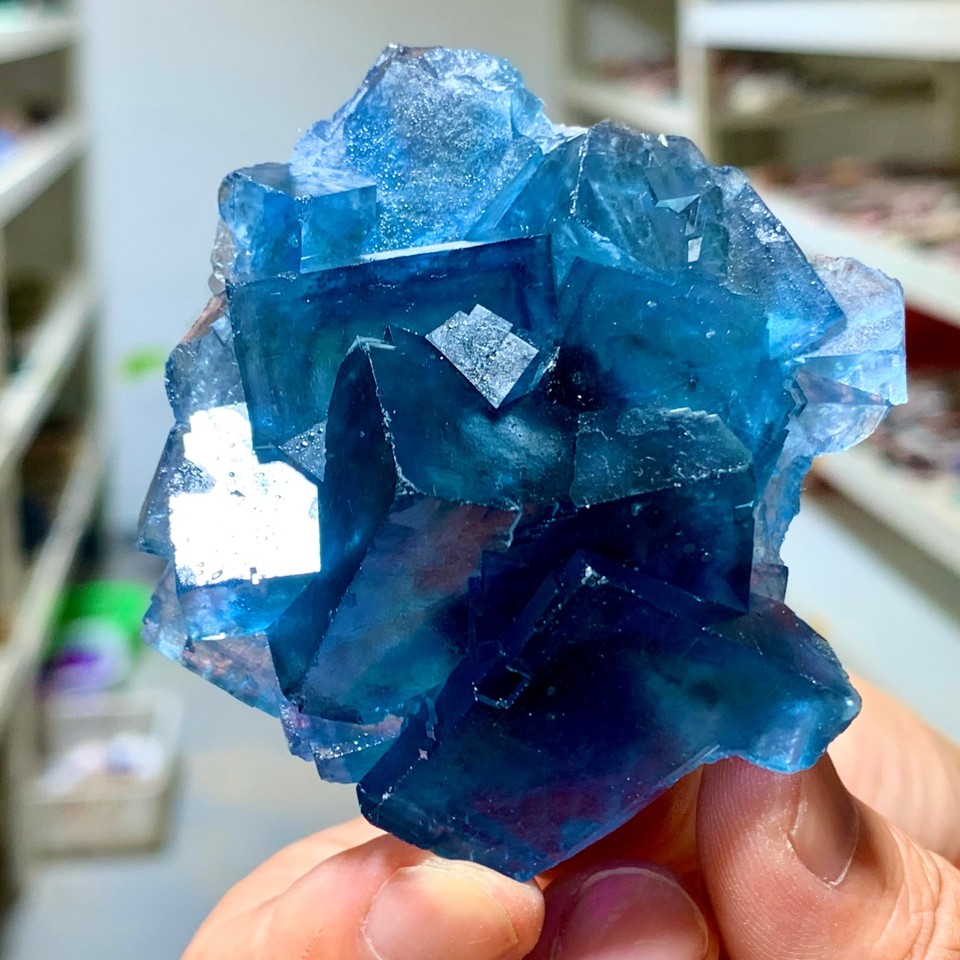 89G Rare transparent blue-green cubic fluorite mineral crystal sample ...