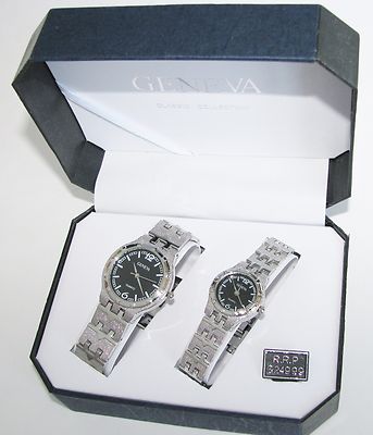 GENEVA SILVER TONE STEEL TEXTURED BAND+BLACK DIAL 2,TWO PIECE HIS+HER ...