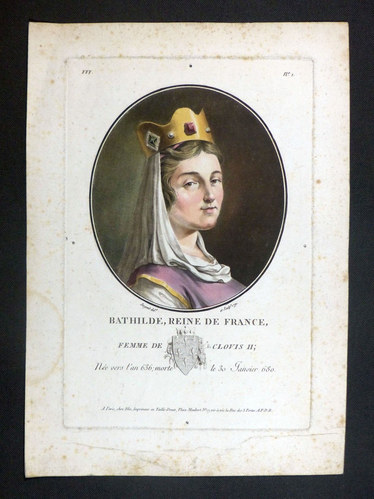 Gravure couleur Aquatinte PORTRAIT BATHILDE REINE FRANCS Clovis II ...
