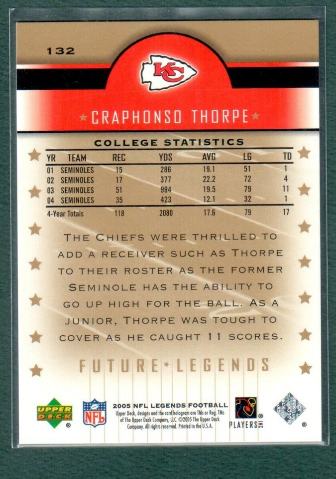 2005 CRAPHONSO THORPE UPPER DECK LEGENDS FUTURE FOOTBALL CARD #132 RC ...