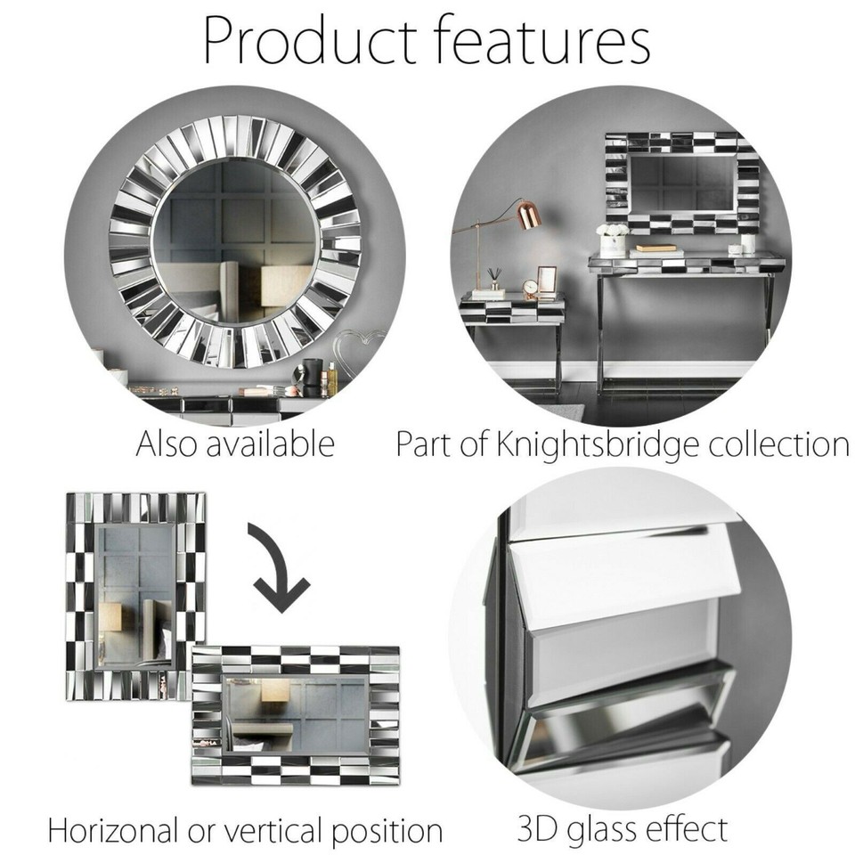 Grey Silver Wall Mounted Rectangle Mirror 3D Effect Contemporary Modern ...