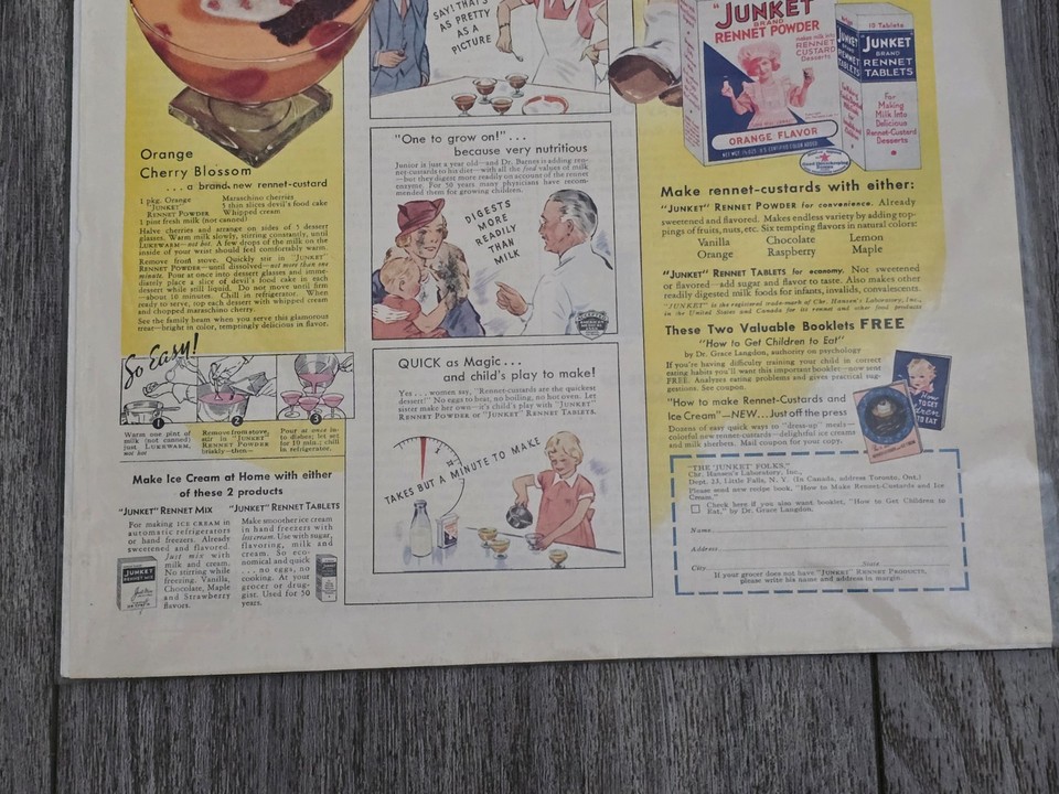 Vintage 1938 Ad JUNKET Rennet Powder Milk Dessert Custard Kids ...