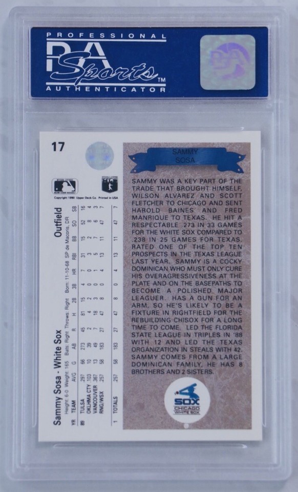 1990 Upper Deck Sammy Sosa Rookie RC #17 PSA 9 Mint Chicago White Sox ...