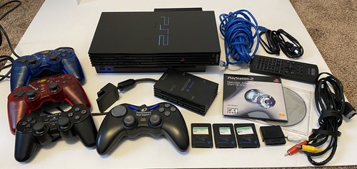 Lot of PlayStation 2, PS2, game console, controls, cards, wires. Tested ...