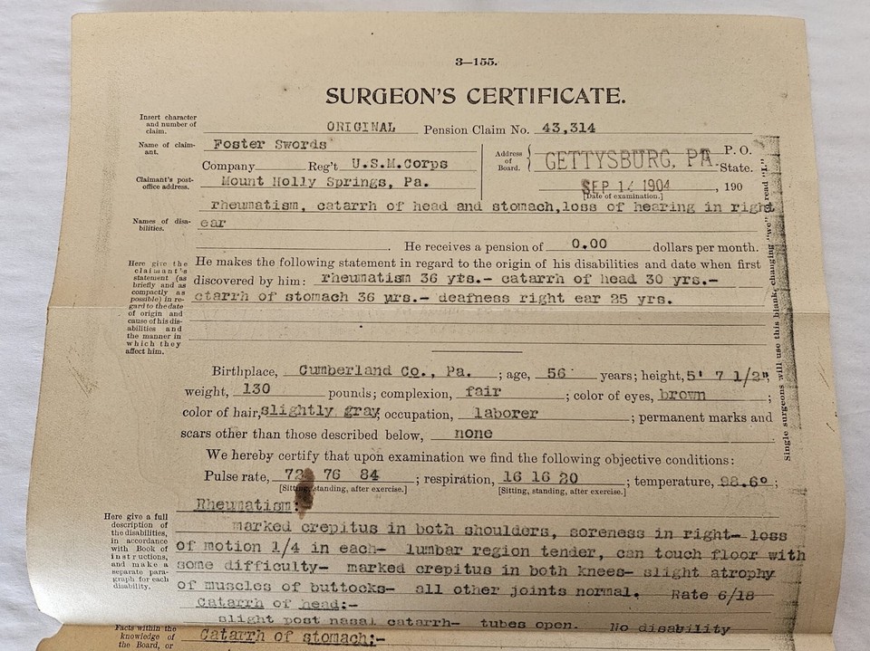 CIVIL WAR SURGEON'S CERTIFICATE FOR PENSION - USMC MOUNT HOLLY SPRINGS ...