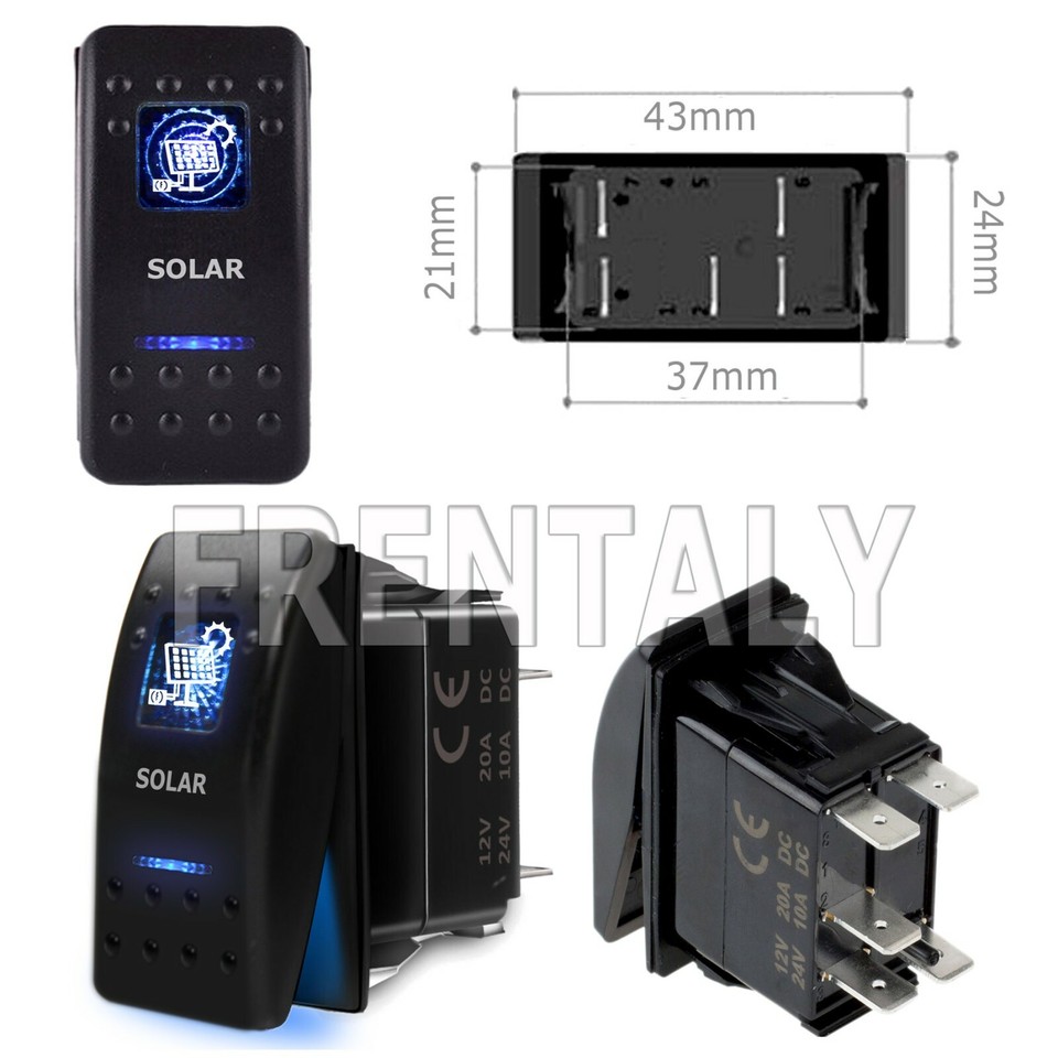 Blue LED Light SOLAR PANEL 12V 20A 10A 5-pin Rocker Toggle Switch Car ...