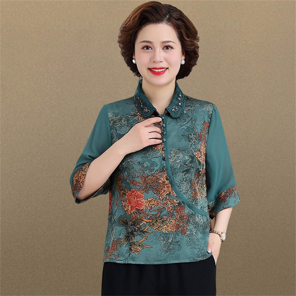 Women Summer 3/4 Sleeve Chinese Blouse Top Traditional Lapel Ethnic ...