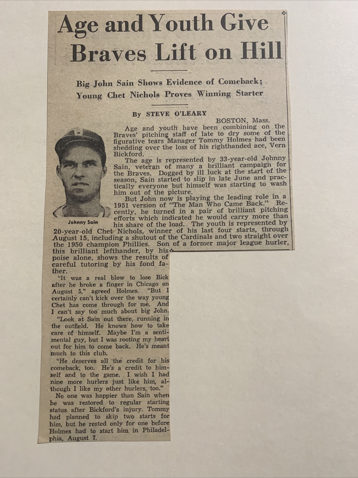 Johnny Sain Boston Braves Comeback 1951 Sporting News Baseball 4X7 ...