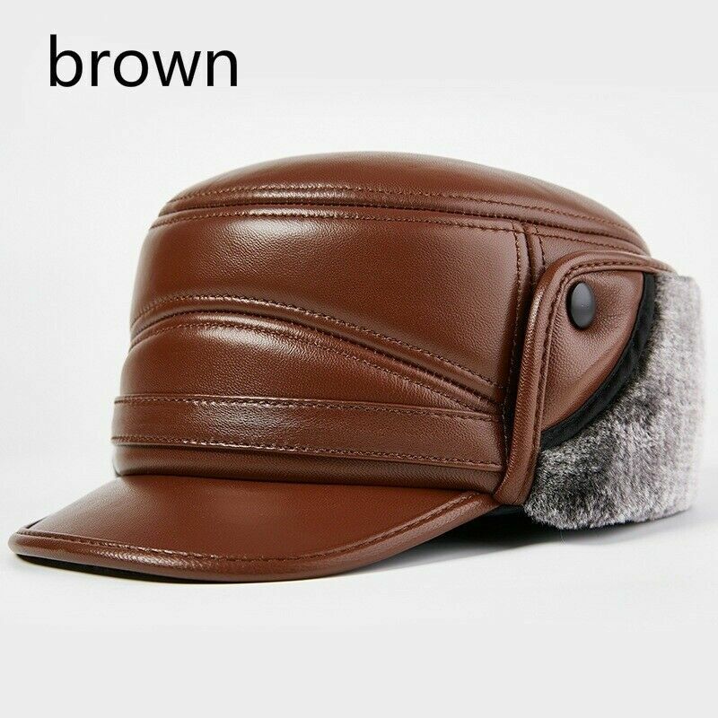 Men Leather Trapper Hat Sheepskin Cap Hunting Aviator Ear Flap Winter ...