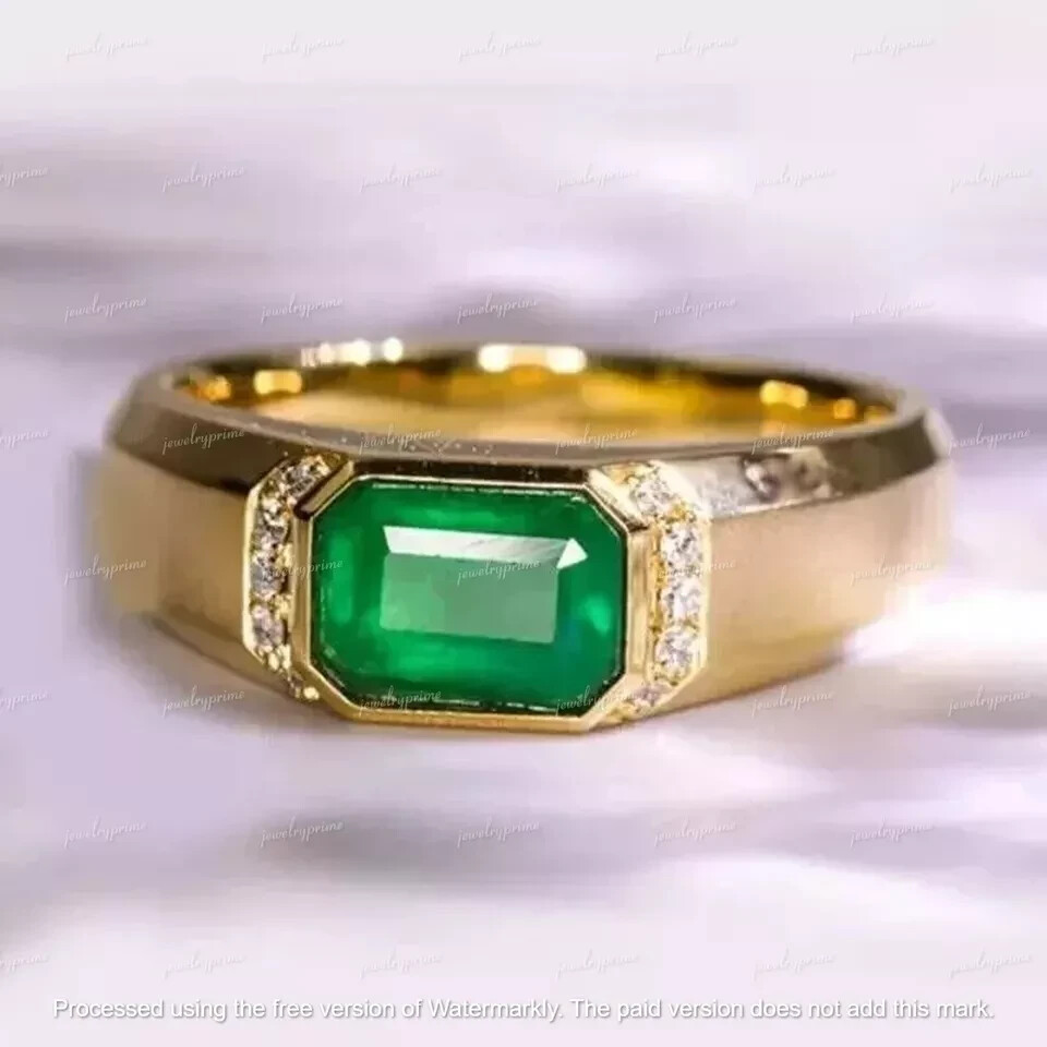 Lab Created Green Emerald 2Ct Emerald Men's Wedding Ring 14K Yellow ...
