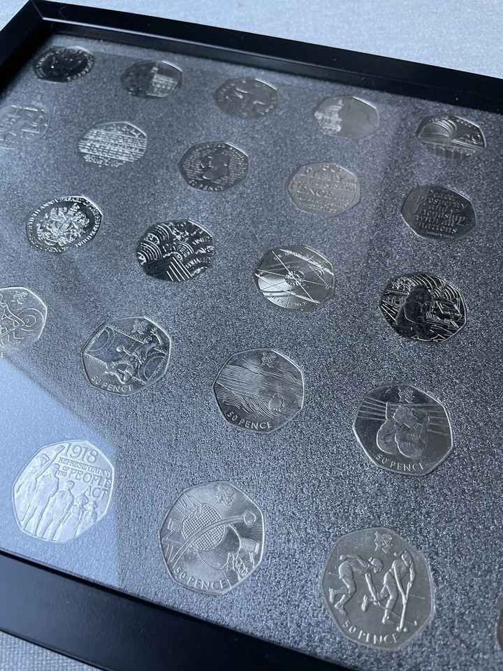 50p Display Frame / Case UK Coins- Wall hanging case for 35 Fifty Pence ...