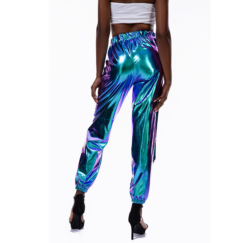 Women Shiny Holographic Pants Loose Metallic Trousers Dance Streetwear ...