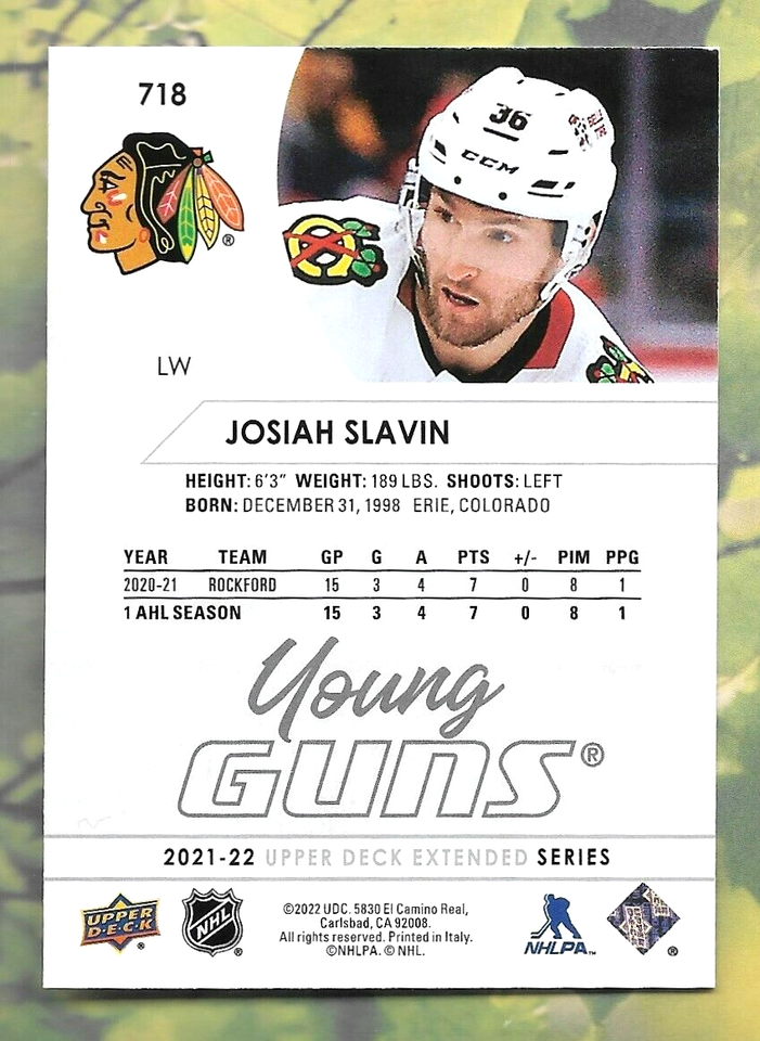 JOSIAH SLAVIN 2021-22 UPPER DECK YOUNG GUNS ROOKIE RC CARD #718 ...