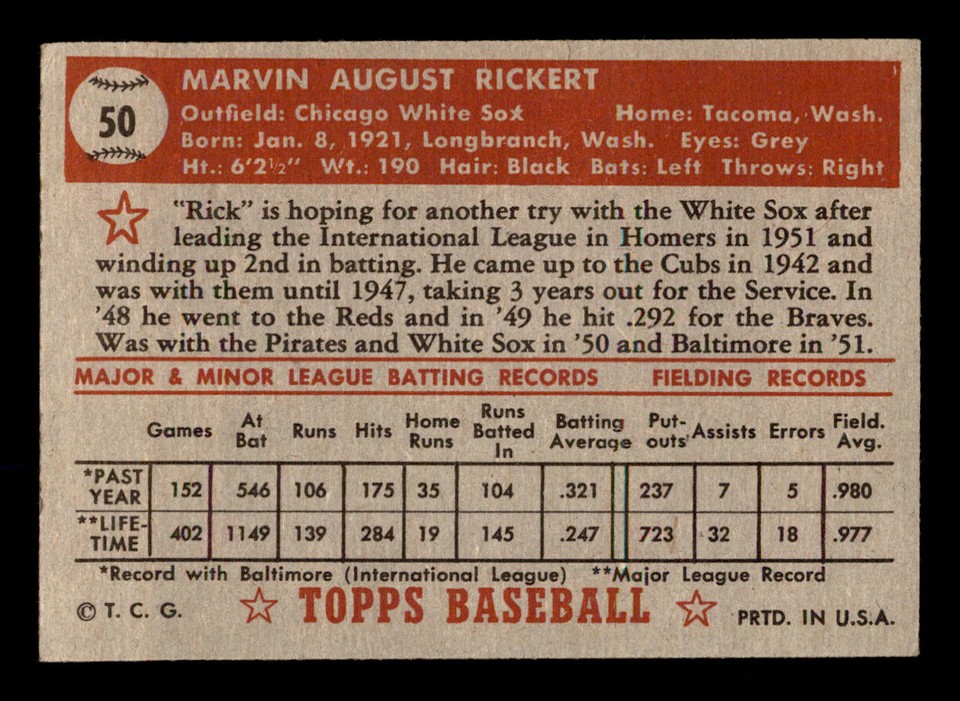 1952 Topps #50 Marv Rickert EX | eBay
