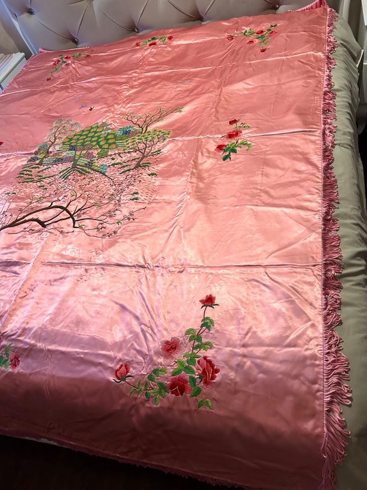 Vintage 1960s-70s 100% Silk Hand Embroidered Bedspread Set w/ 2 ...