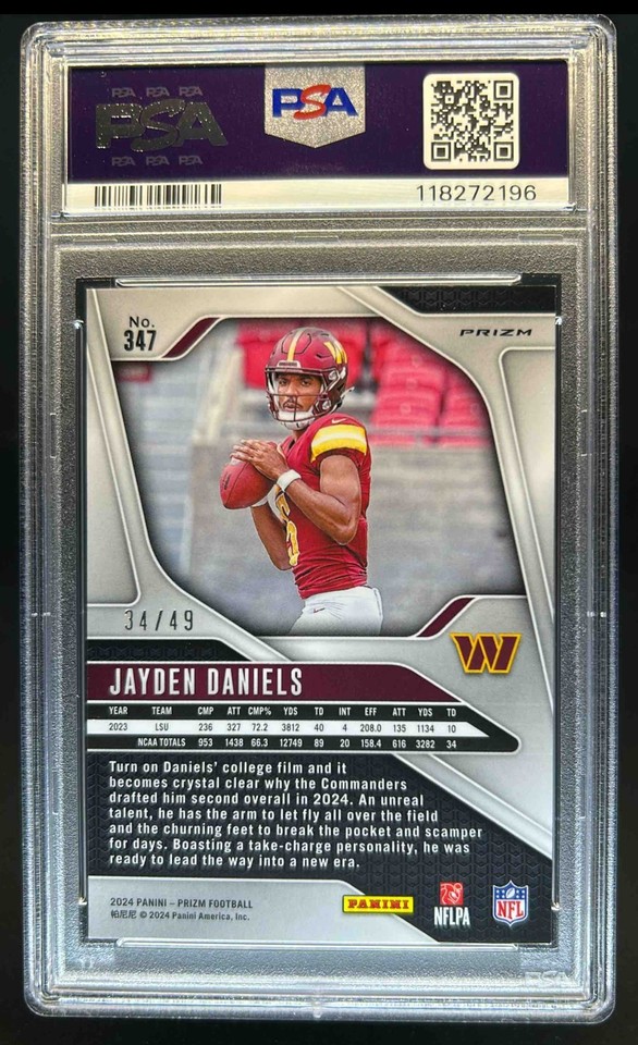2024 Prizm Jayden Daniels RC No Huddle Purple #34/49 Commanders PSA 9 ...