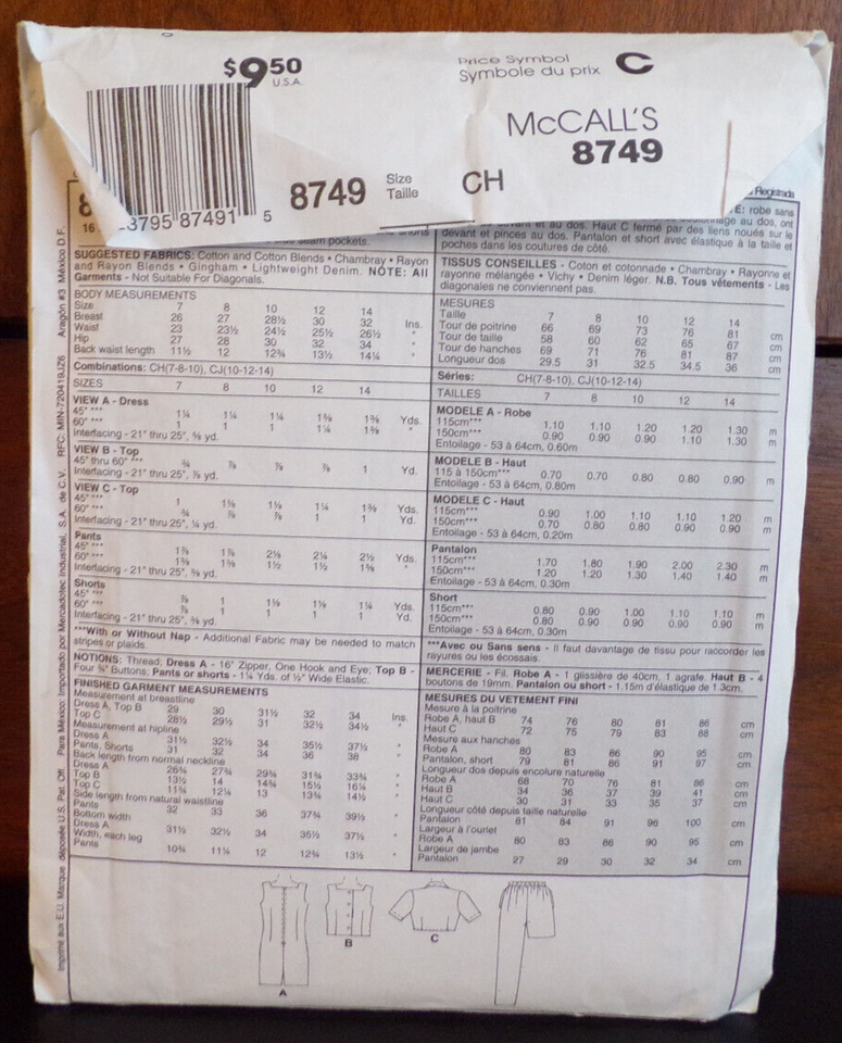 McCall's Sewing Pattern 8749 Girls Dress Tops Pants and Shorts Size 7-8 ...