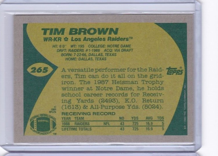 1989 Topps - Topps All Pro - #265 - TIM BROWN RAIDERS HOF RC NRMT | eBay