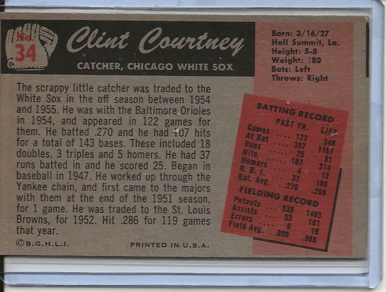 1955 Bowman Baseball Card Clint Courtney Catcher Chicago White Sox Nr ...