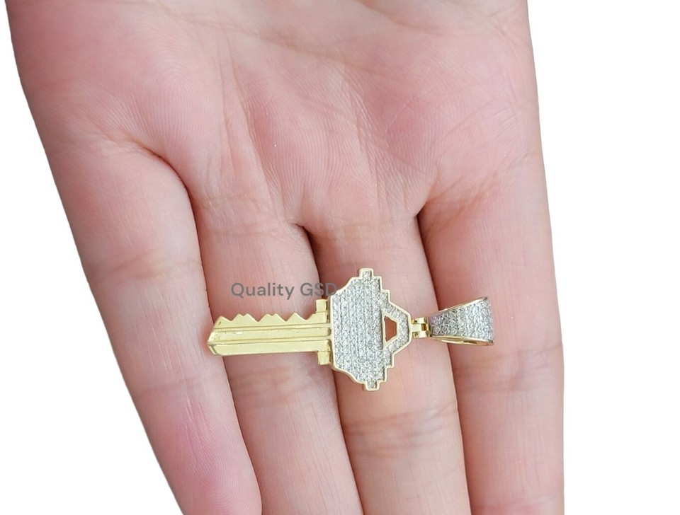 REAL Diamond Key charm pendant 10k yellow gold 0.35 CT Dia Genuine ...