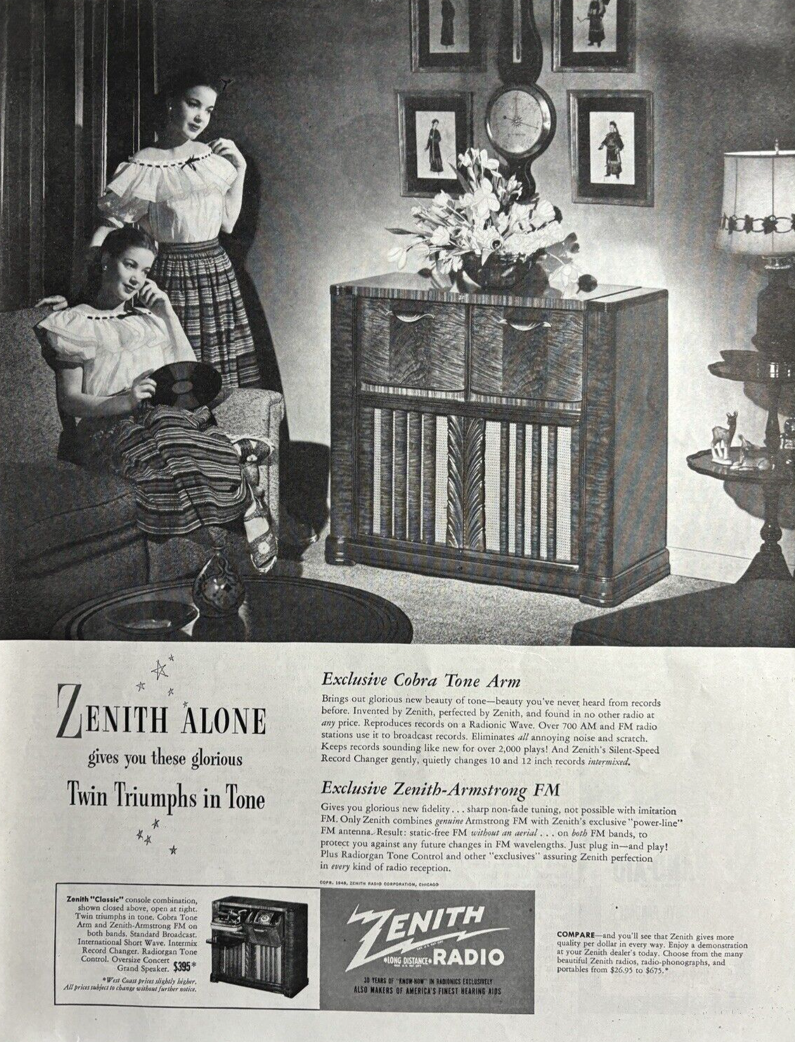 1948 Zenith Radio Classic Cobra Tone Arm Armstrong FM Long Distance VTG ...