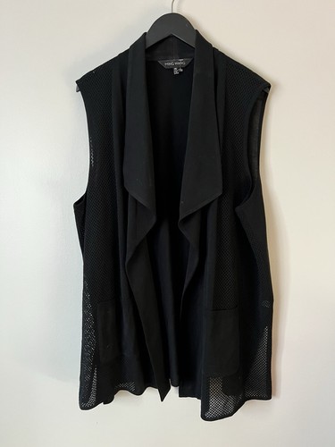 Ming Wang Knit Black Lace Mesh Open Front Sleeveless Collared Cardigan ...