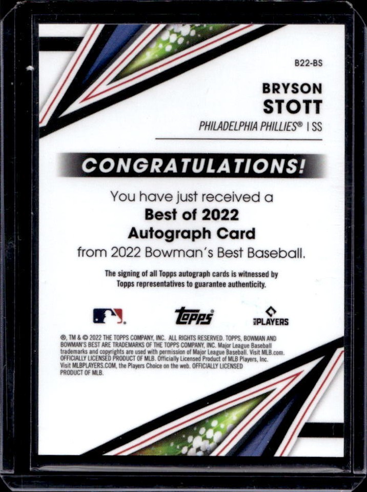 2022 Bowman's Best Bryson Stott Rookie Autograph Auto RC #B22-BS ...