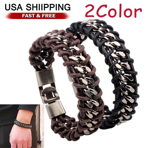 Braided Leather Silver Stainless Steel Cuban Chain Men's Bracelet Bangle | eBay