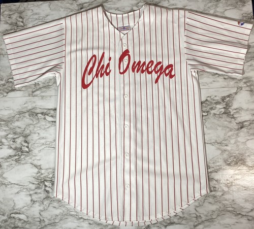 Vintage Chi Omega Baseball Softball Jersey Large White Pinstripe 90s ...