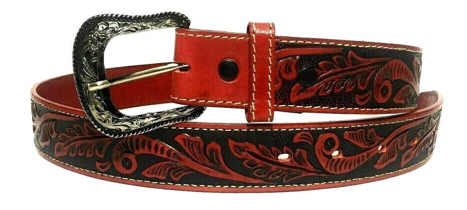RED WESTERN LEATHER BELT. FLORAL EMBOSSED LEATHER BELT. COWBOY RODEO ...