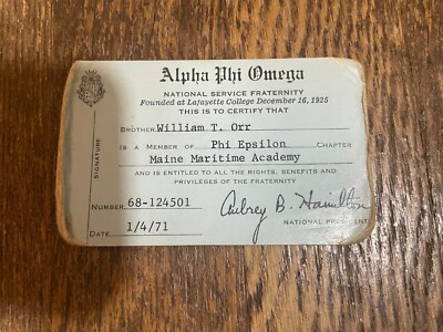 Alpha Phi Omega Membership Card 1970's Vintage Fraternity Maine ...