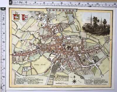 Old Antique Victorian colour map Coventry, England: 1800's: 12" x 9 ...