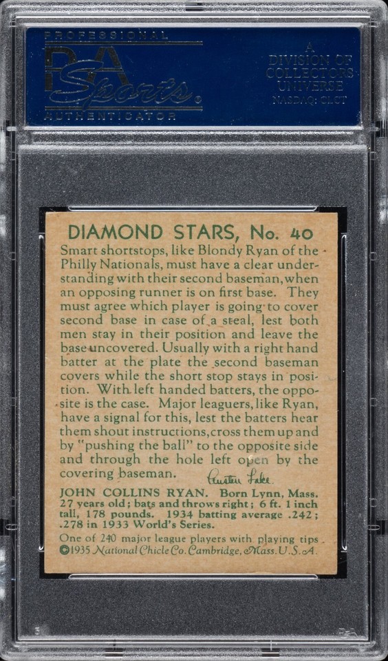 1935 Diamond Stars PSA 8 Blondy Ryan #40 NM/MT 1934-36 Diamond Stars ...
