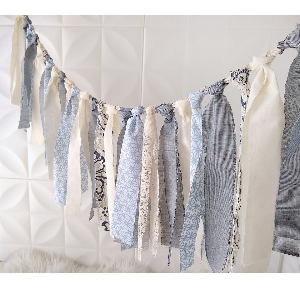 Blue Fabric Garland Rag BUNTING Beach Wall Décor Country Boho Party ...