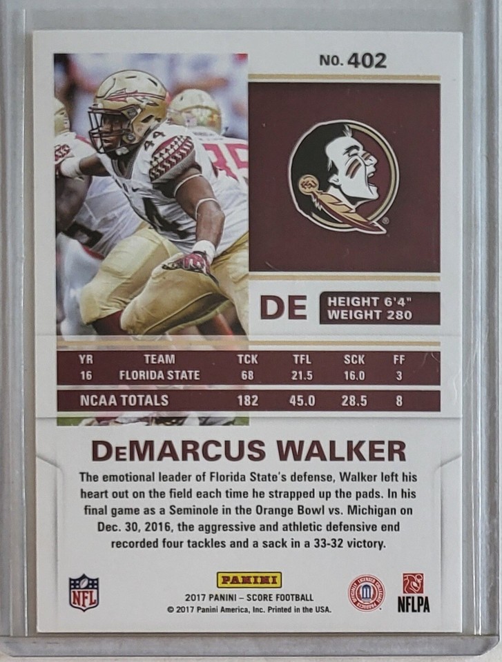 2017 Score Rookie #402 DeMarcus Walker Florida State Seminoles Football ...