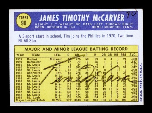 SIGNED 1970 TOPPS #90 TIM MCCARVER AUTOGRAPH PHILADELPHIA PHILLIES | eBay