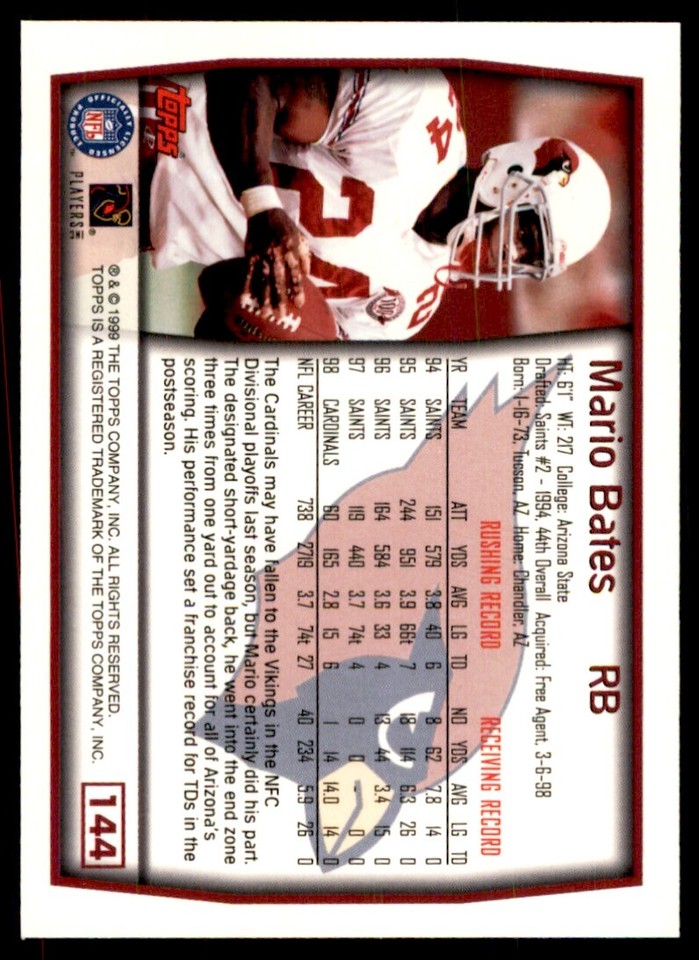 1999 TOPPS MARIO BATES ARIZONA CARDINALS #144 | eBay