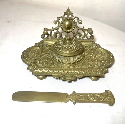 antique ornate 19th century Victorian gilt brass desk inkwell stand ...